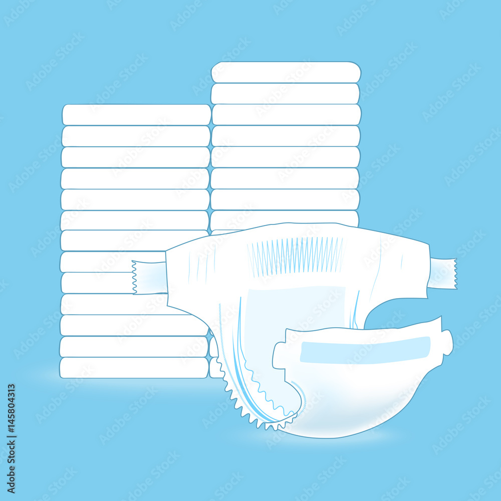 Stack of baby diapers and the open diaper in front. Absorbent diaper ...