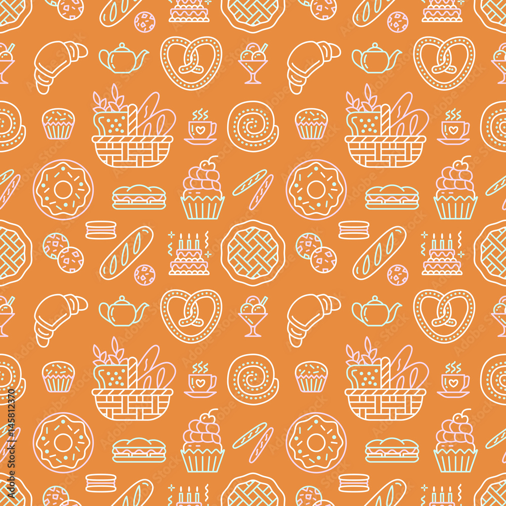 Bakery seamless pattern, food vector background of beige orange color ...