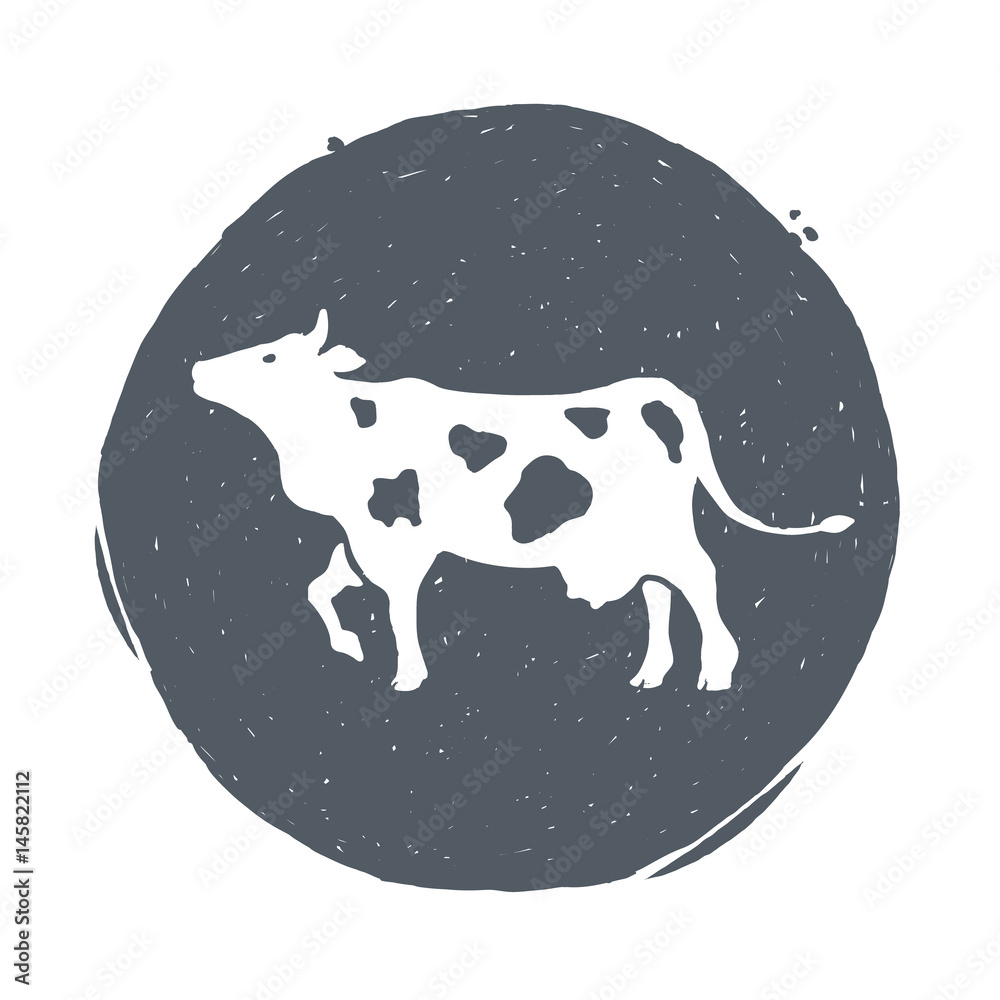 Cow. Animal husbandry. Cow and farm in graphic style from hand drawing ...