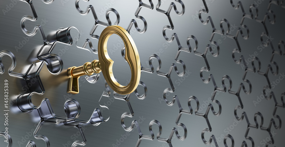 Gold key in the keyhole of a hexagonal puzzle. 3D rendering ...