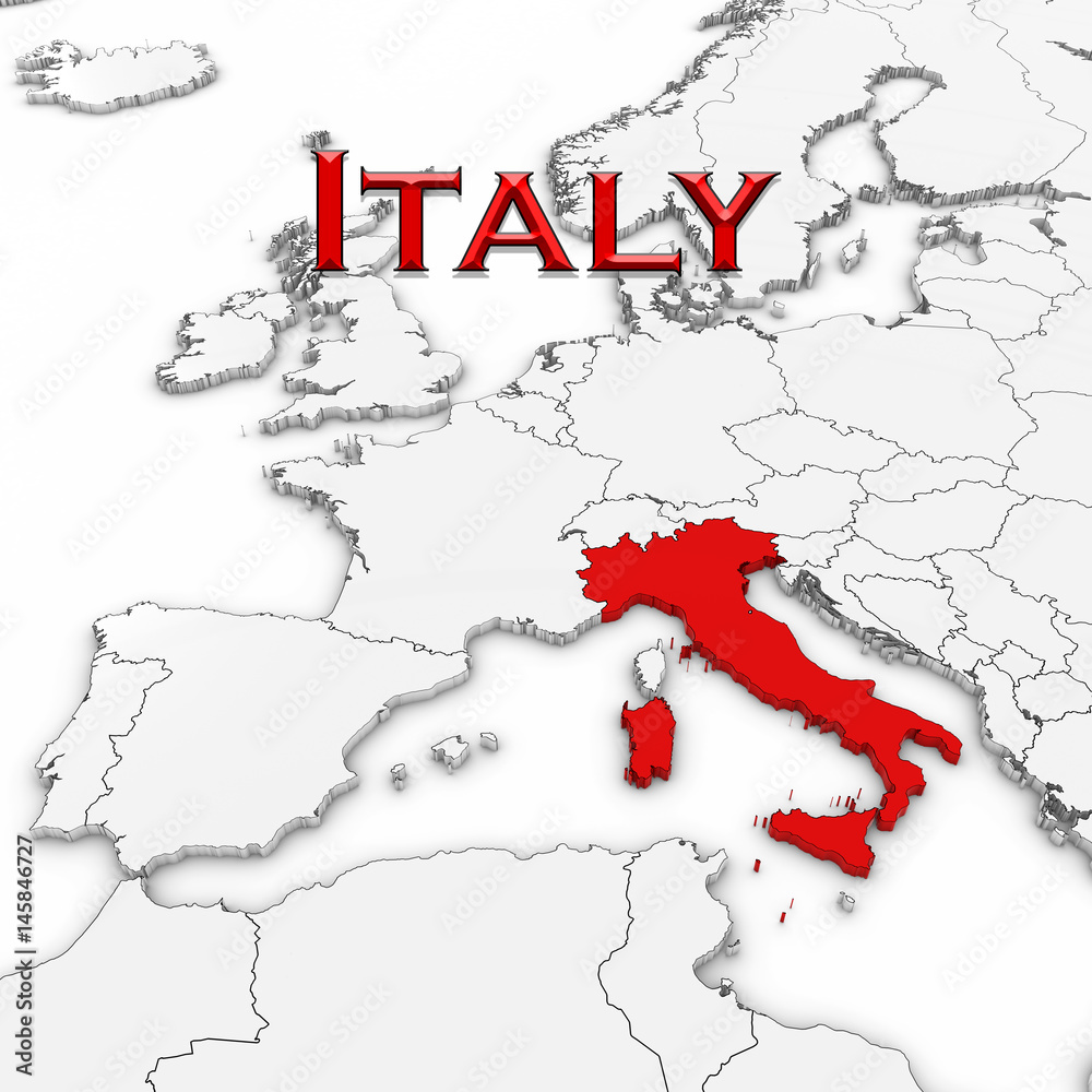 3D Map of Italy with Country Name Highlighted Red on White with White ...