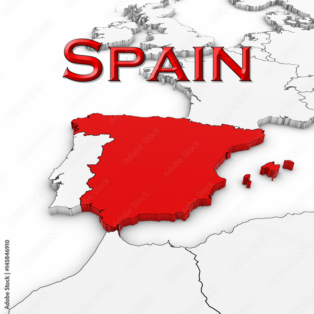 3D Map of Spain with Country Name Highlighted Red on White with White ...