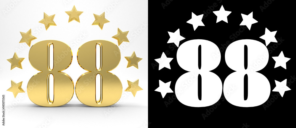 Golden number eighty eight on white background with drop shadow and ...