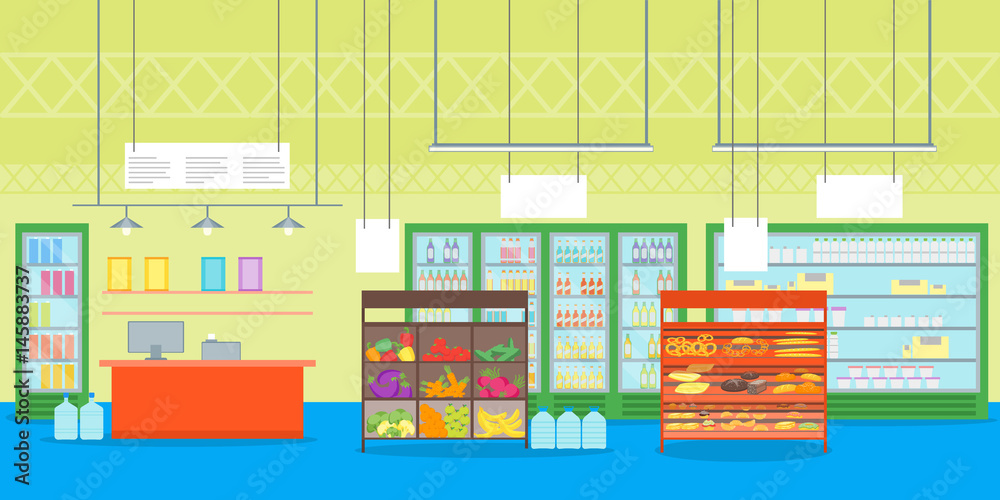 Cartoon Interior Super Market or Shop with Furniture. Vector Stock ...