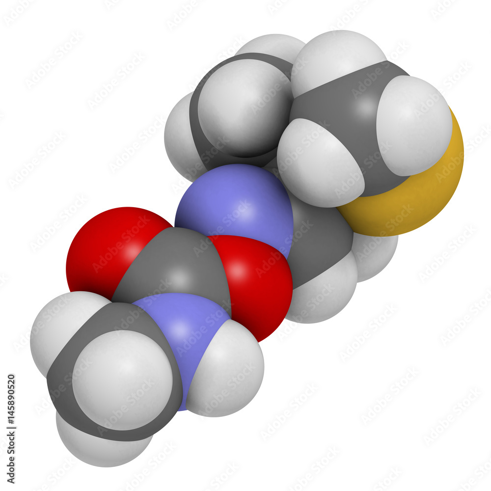 Aldicarb pesticide molecule. 3D rendering. Atoms are represented as ...