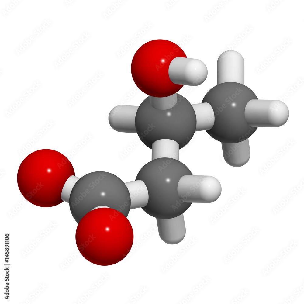 Beta-hydroxybutyric acid (beta-hydroxybutyrate) molecule. 3D rendering ...