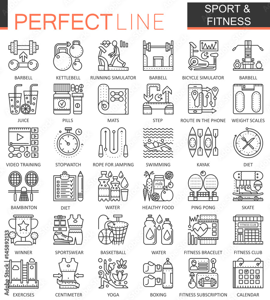 Sport and fitness outline concept symbols. Perfect thin line icons ...