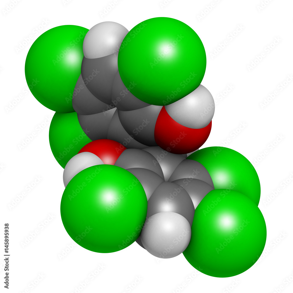 Hexachlorophene disinfectant molecule. 3D rendering. Atoms are ...