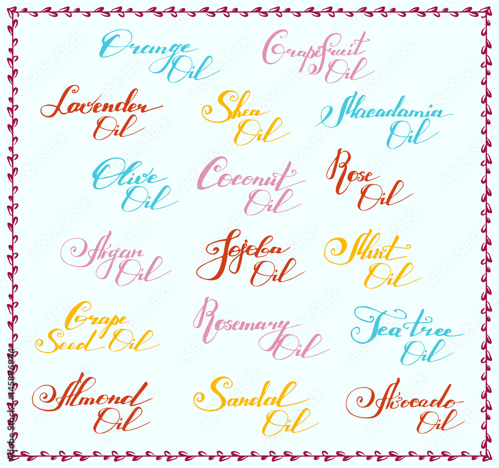 Set with hand written names of essential oils. Calligraphy, lettering ...