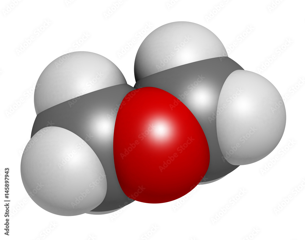 Dimethyl ether (methoxymethane, DME) molecule. 3D rendering. Atoms are ...