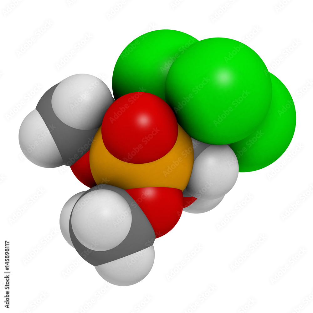 Metrifonate (trichlorfon) insecticide molecule. 3D rendering. Atoms are ...