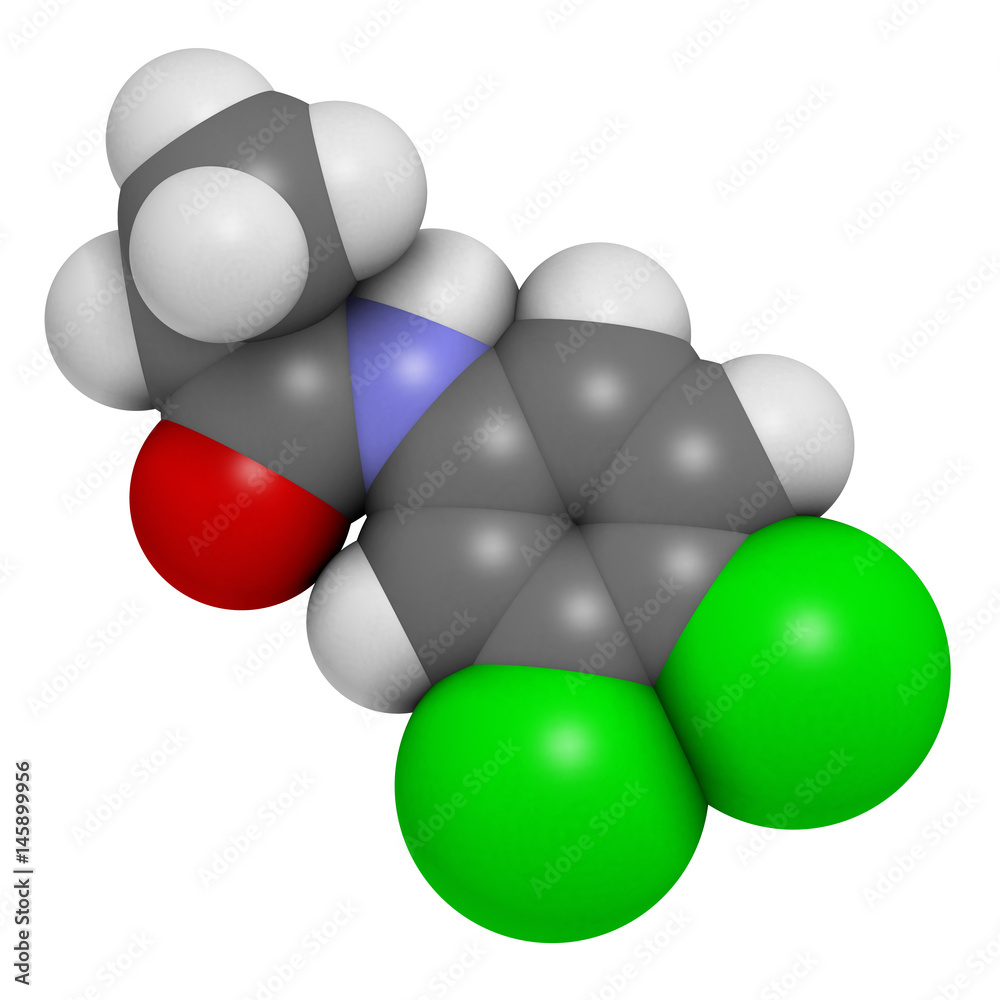 Propanil herbicide molecule. 3D rendering. Atoms are represented as ...
