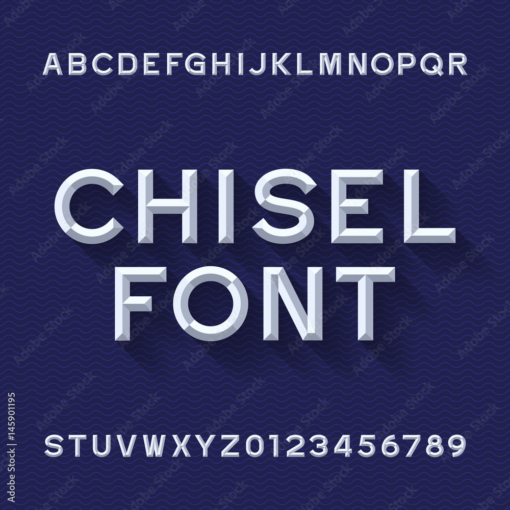 Chisel Alphabet Vector Font. Type letters and numbers. Blue wave ...