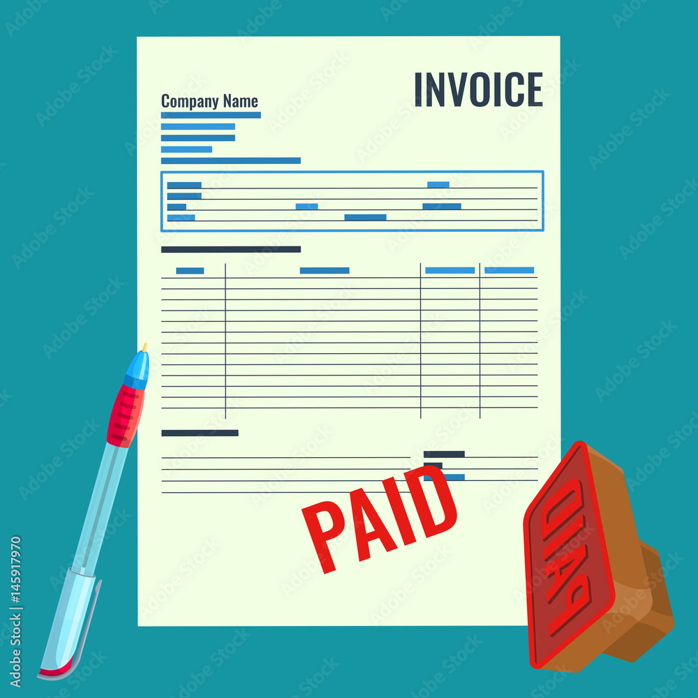 Invoice vector bill with red paid stamp close-up realistic illustration ...