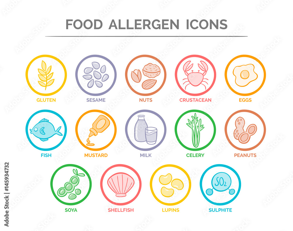 Food safety allergy icons set. 14 food ingredients that must be ...