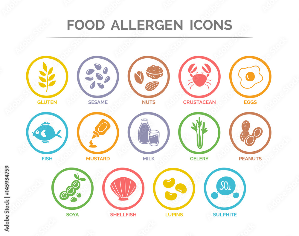 Food safety allergy icons set. 14 food ingredients that must be ...