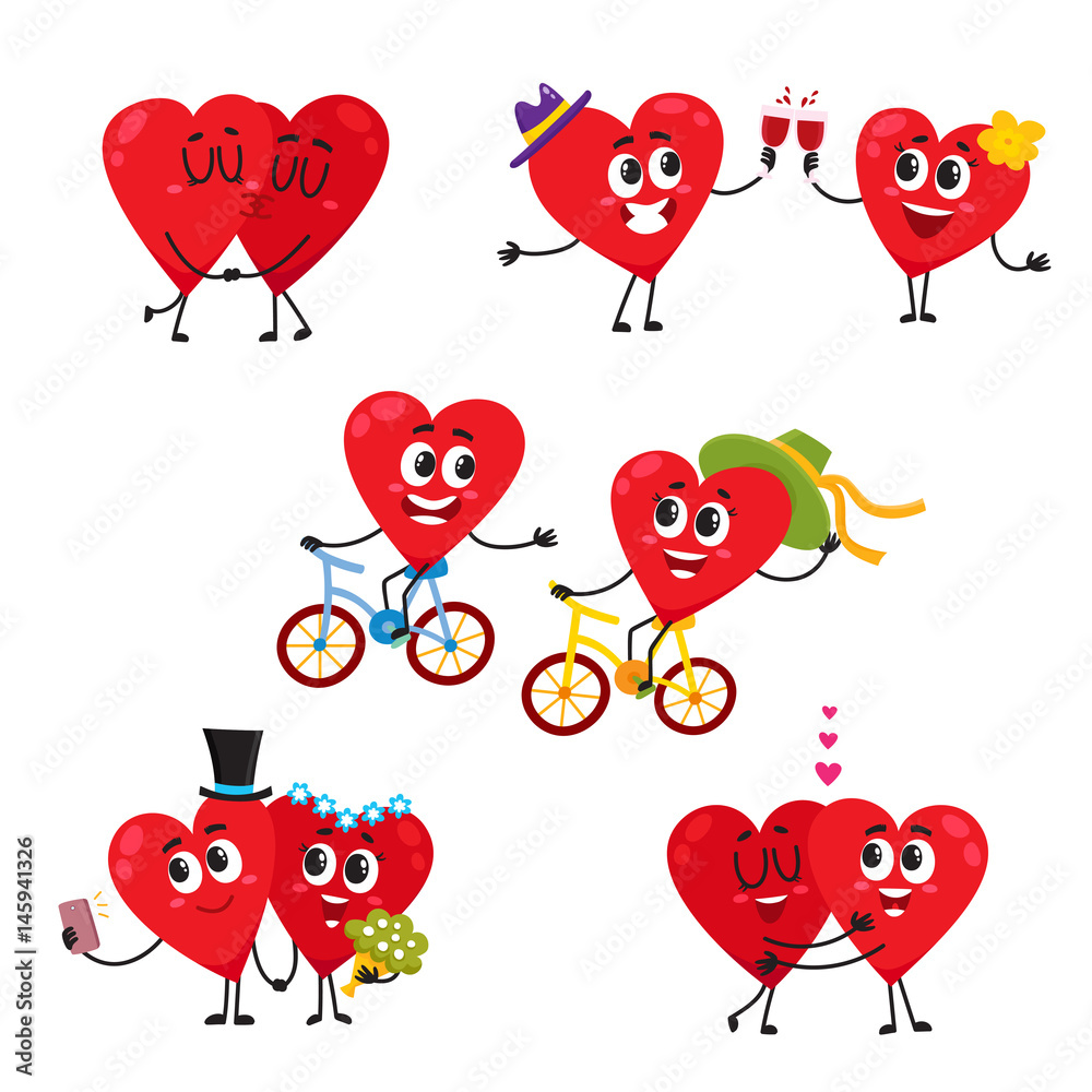 Two hearts doing funny activities together, couple in love concept ...