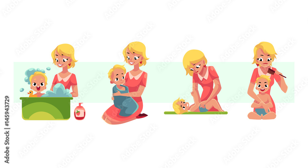 Set of young mother washing baby in bath, putting diaper on, combing ...