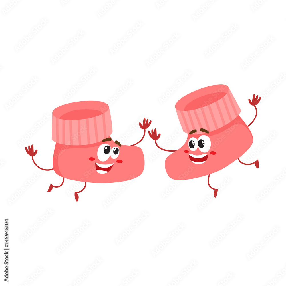 Pair of funny baby booty, sock characters playing together, infant ...