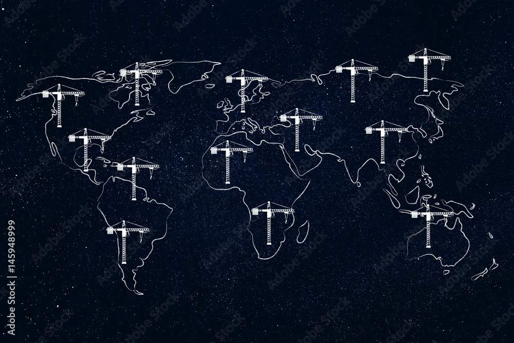 world map with multitude of tower cranes on all continents Stock ...