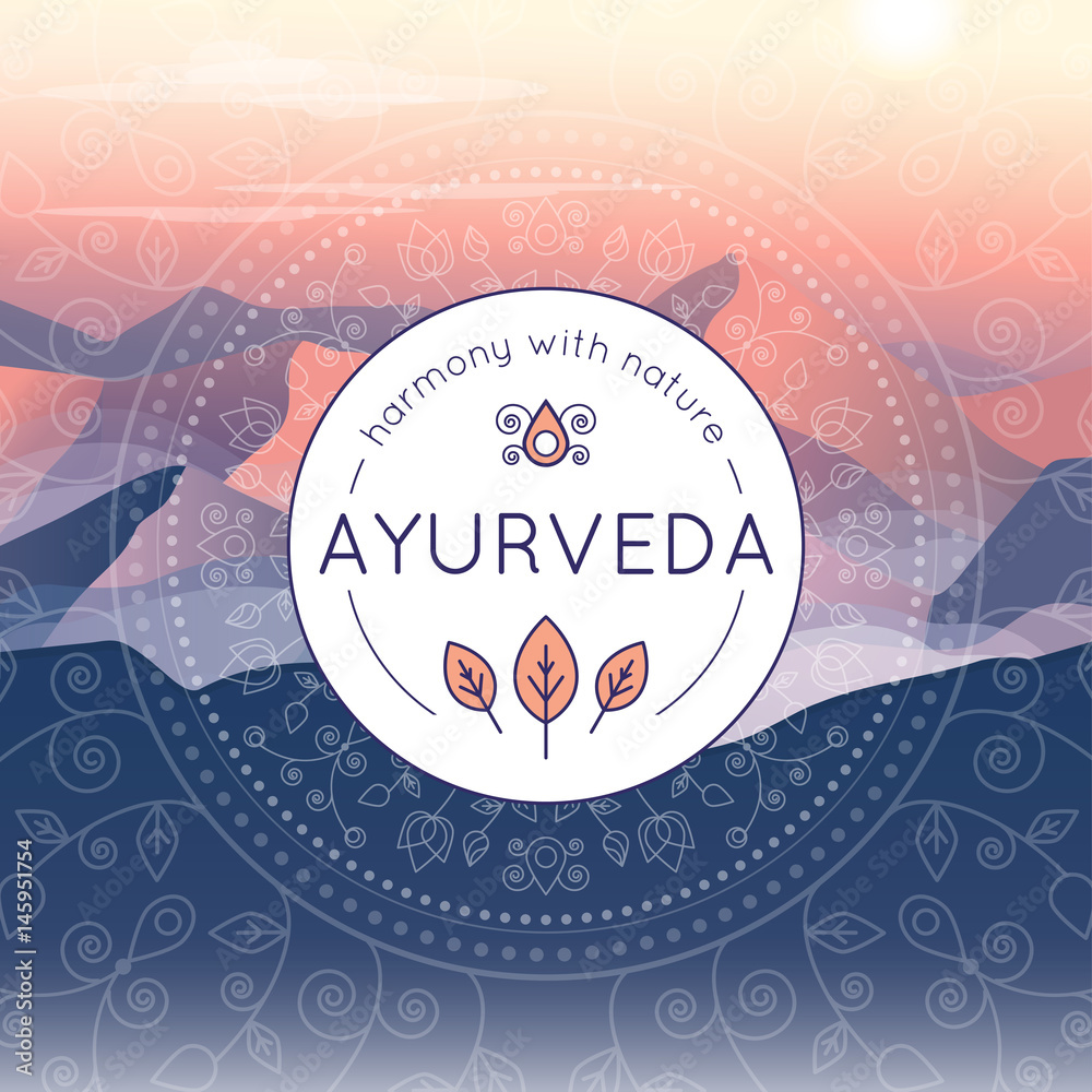 Vector Ayurveda illustration with evening mountain landscape, ethnic ...