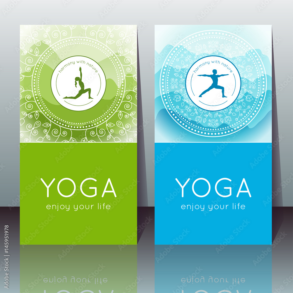 Vector yoga cards with yogi silhouette, mountain landscape, ethnic ...