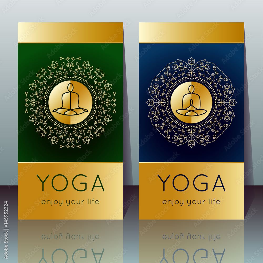 Vector yoga cards with yogi in yoga pose, sample text on a gradient ...