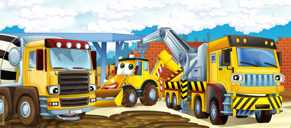 cartoon scene of a construction site with different heavy machines ...