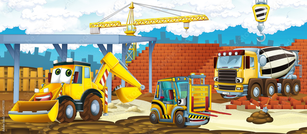 cartoon scene of a construction site with different heavy machines ...