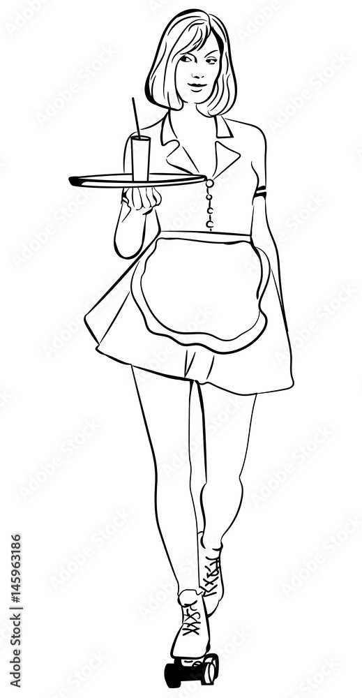 Waitress with a tray on roller skates, vector line art. Waitress from a ...