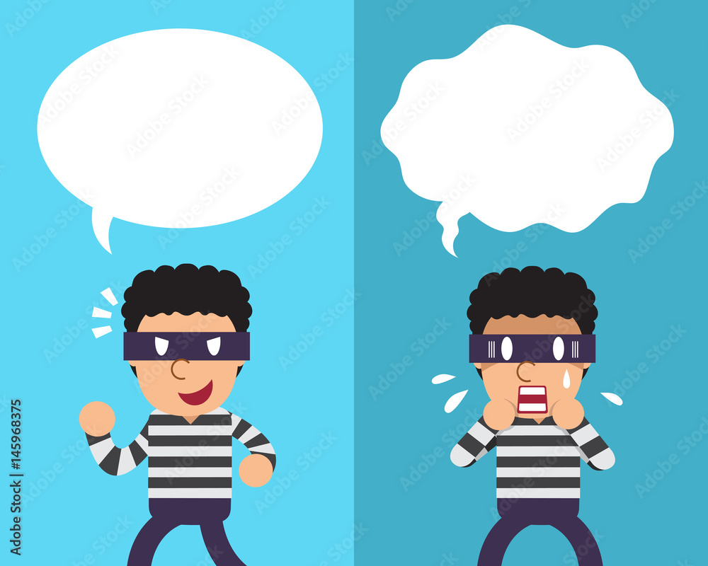 Cartoon thief expressing different emotions with white speech bubbles ...