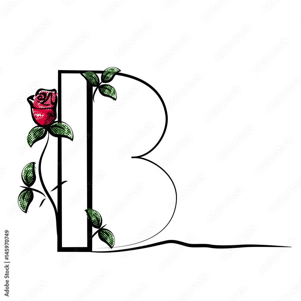 Vector capital initial letter B with red rose. Decorative font with ...