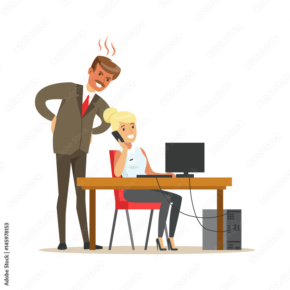 Angry boss yelling at his secretary. Colorful cartoon character vector ...