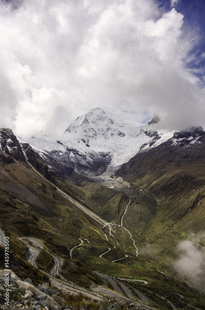 Mountain pass in Huascaran National Park, with Huascaran mount at ...