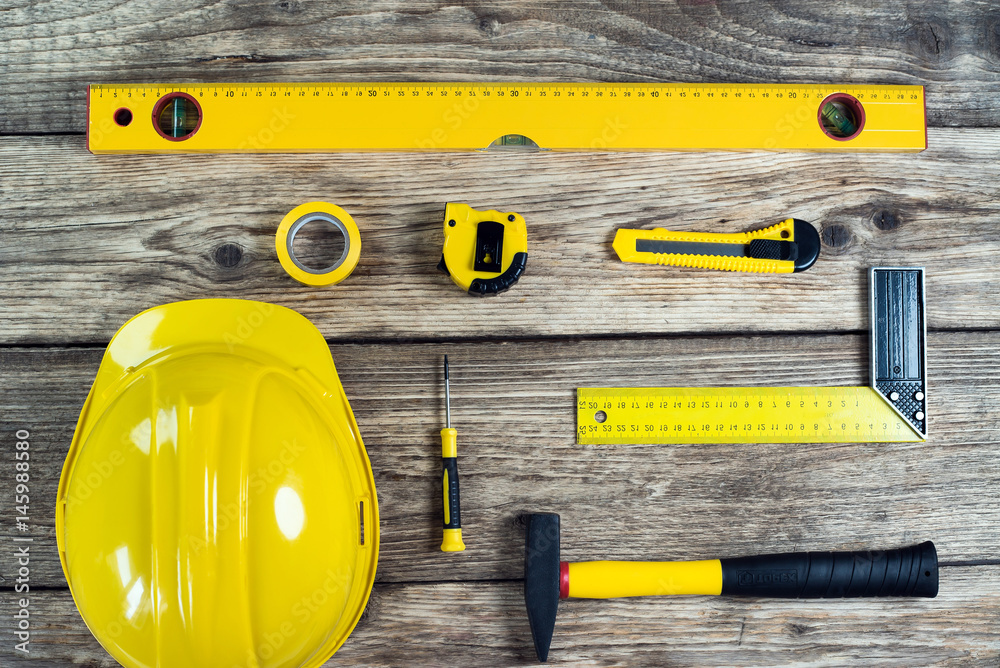 Building and project tools concept. Wooden desk, Constructor tool. top ...