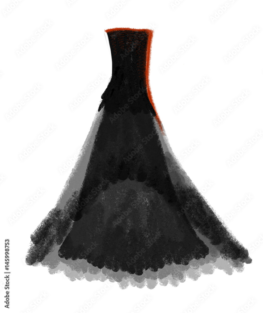 Drawn black gown with orange detail for night celebration drawn by oil ...