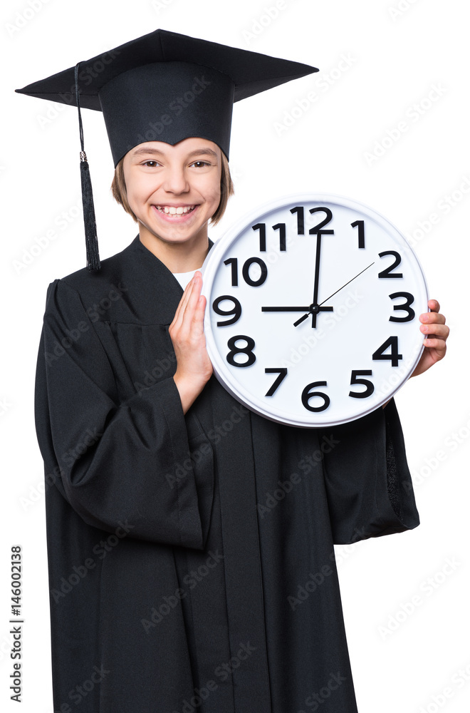 Portrait of a graduate girl student in a black graduation gown with hat ...