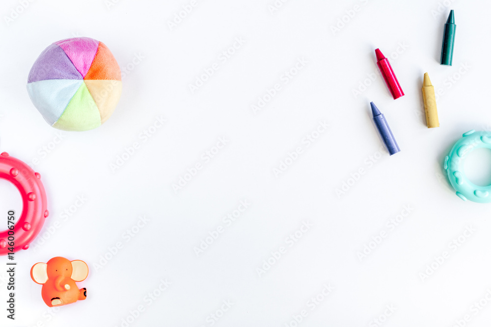 kids desk design with toys white background top view space for text ...