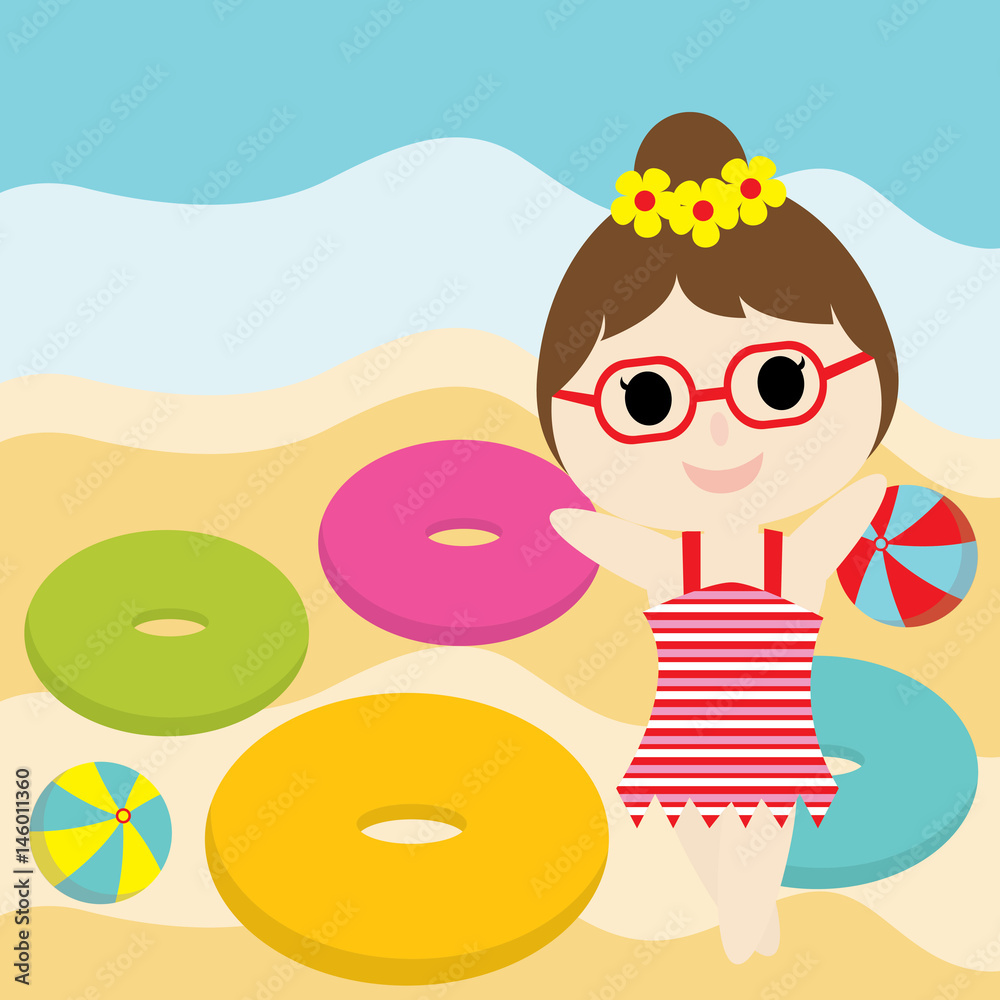 Cute girl is happy on the beach vector cartoon, Summer postcard ...
