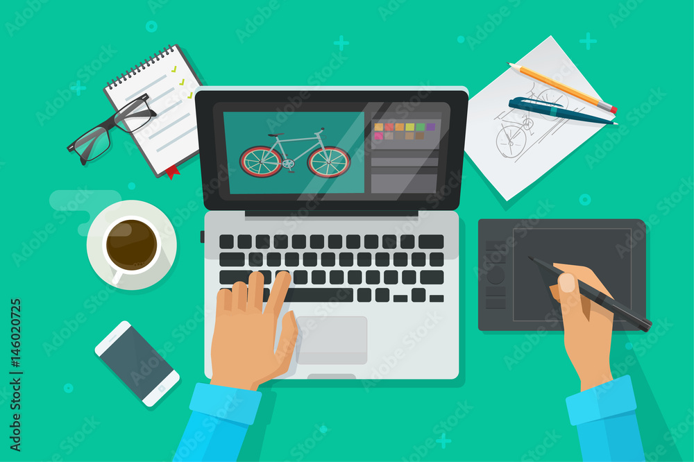 Designer workplace vector illustration top view, flat cartoon person ...