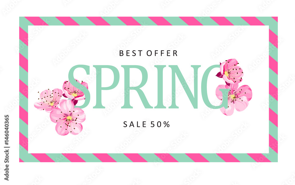 Spring sale card with text best offer. Blooming sakura rectangle frame ...