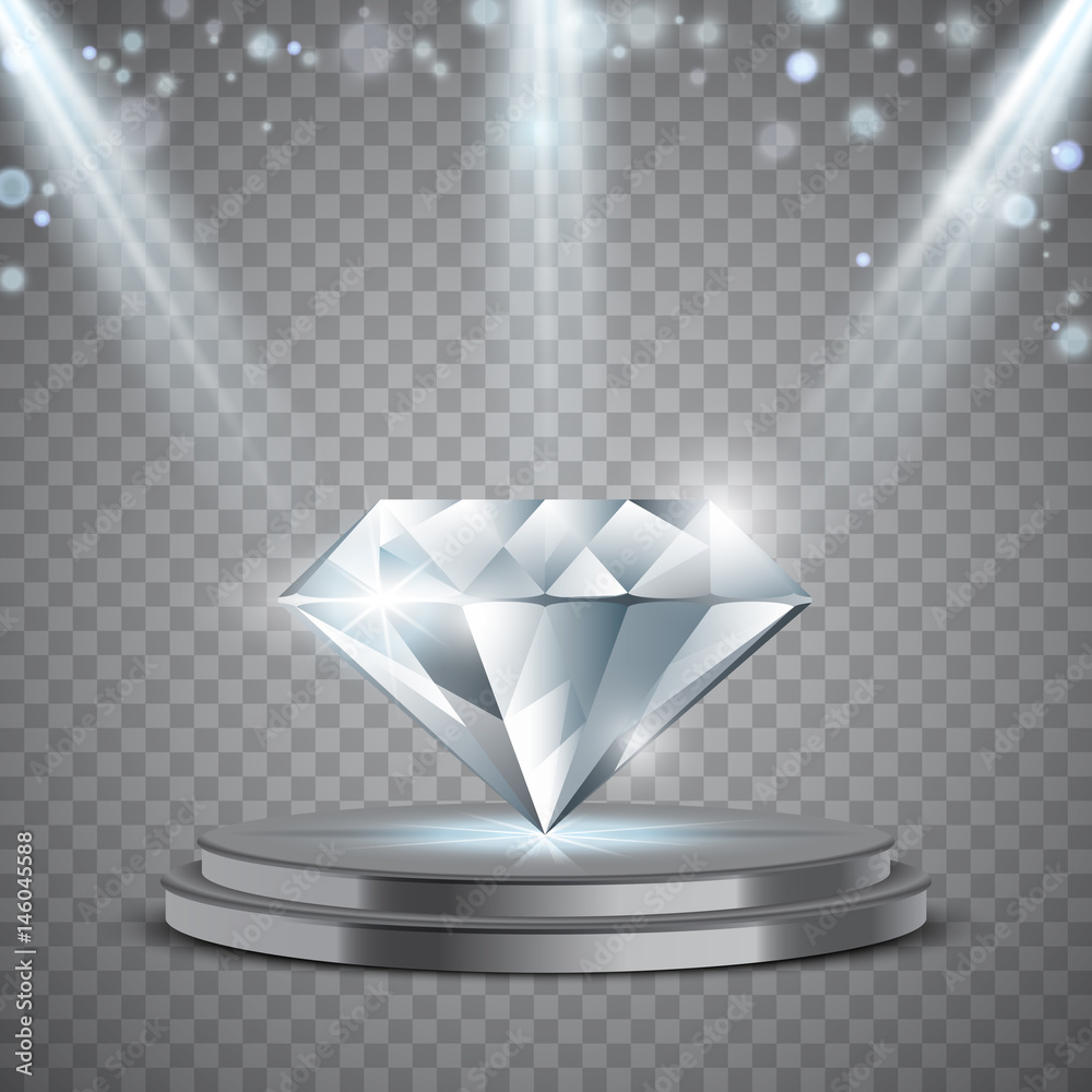 Realistic diamond on podium with illumination, vector illustration on ...