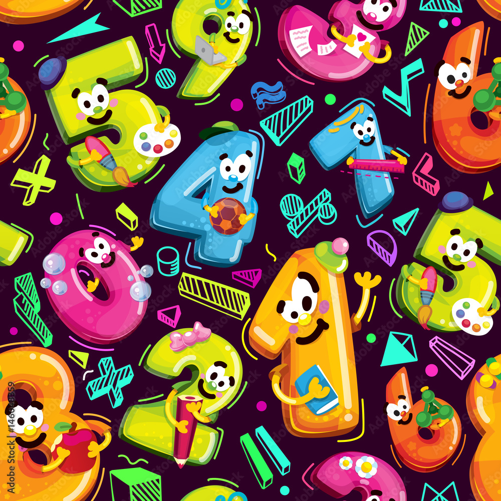 Cartoon vector numbers. Seamless pattern of colorful numbers on a dark ...