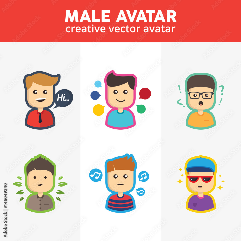 Set of creative male avatars. Different clothes and hair styles. Modern ...