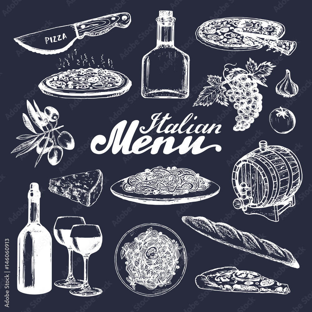 Italian cuisine menu.Sketched traditional southern europe food and ...