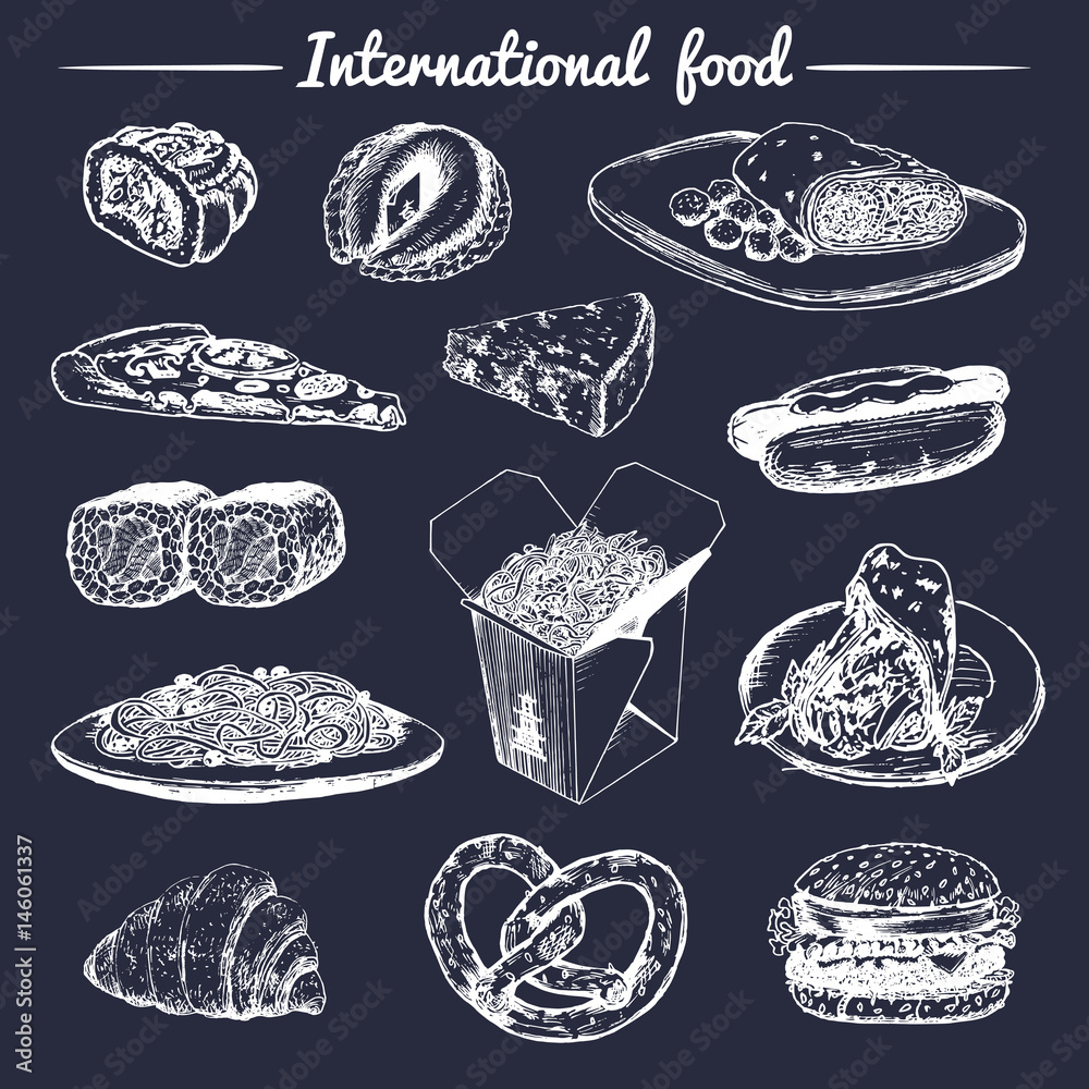 Vector international food menu.Fusion cuisine carte.Vintage hand drawn ...