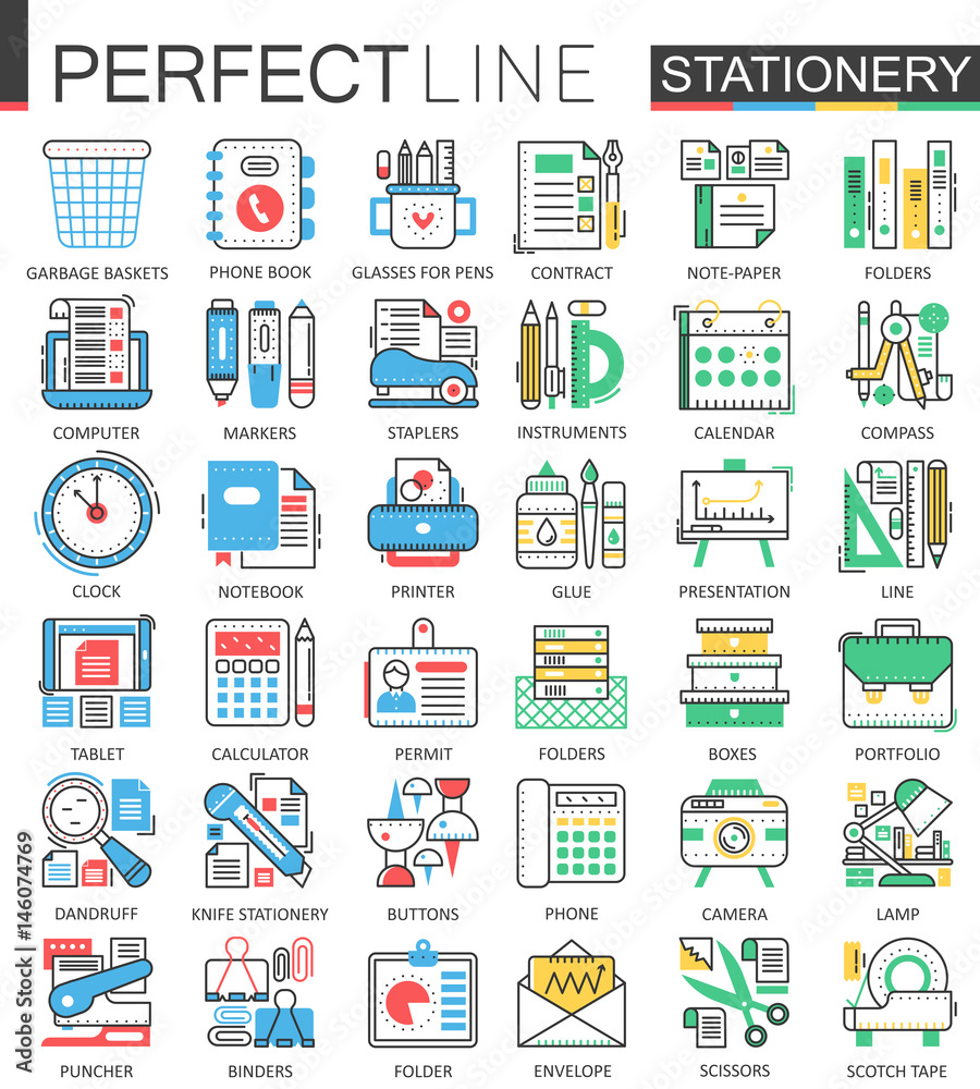 Office stationery - modern flat line concept symbols. Color outline ...