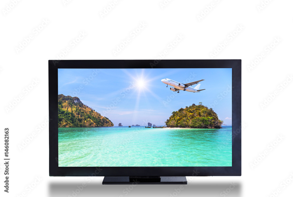 television TV screen with airplane landing above sea landscape picture ...