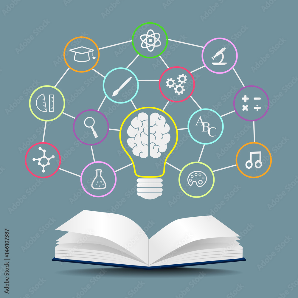 vector knowledge concept , education , open book circle icon subjects ...