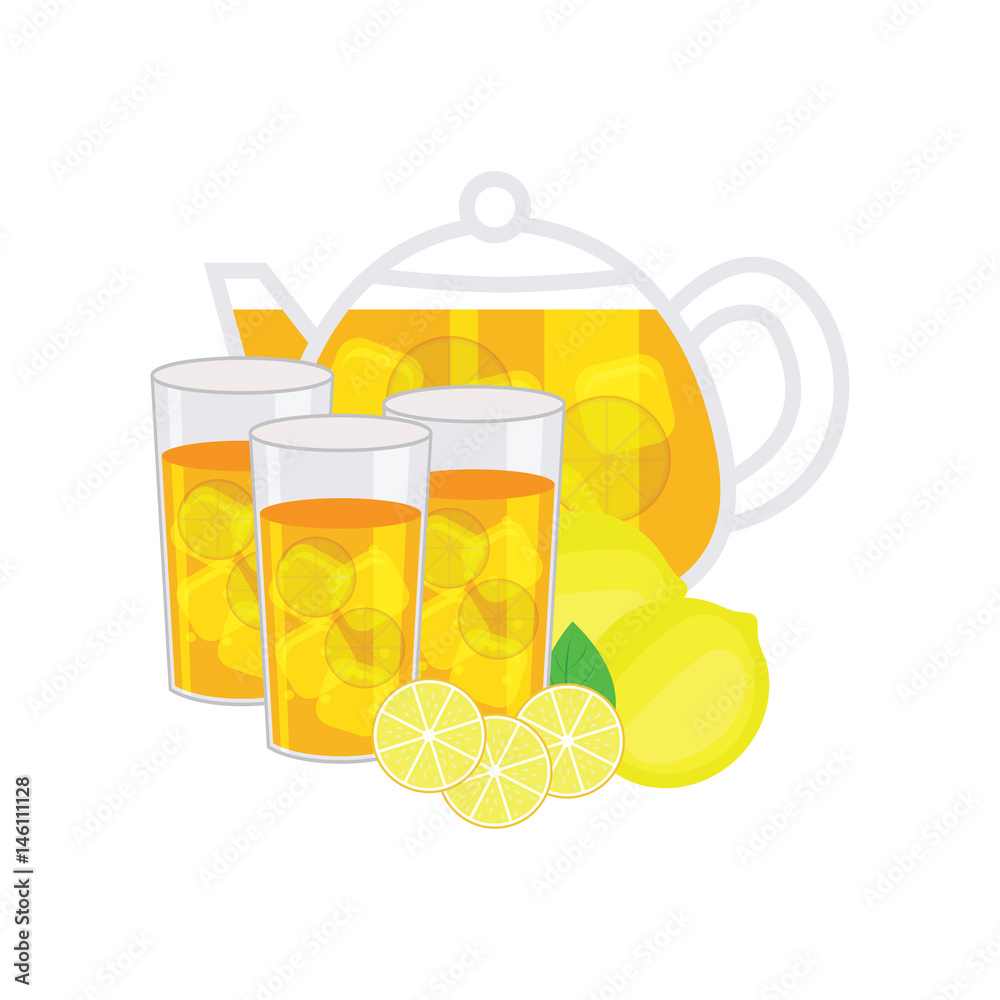 ice lemon tea with lemon, lemon leaf and ice cube. vector illustration ...